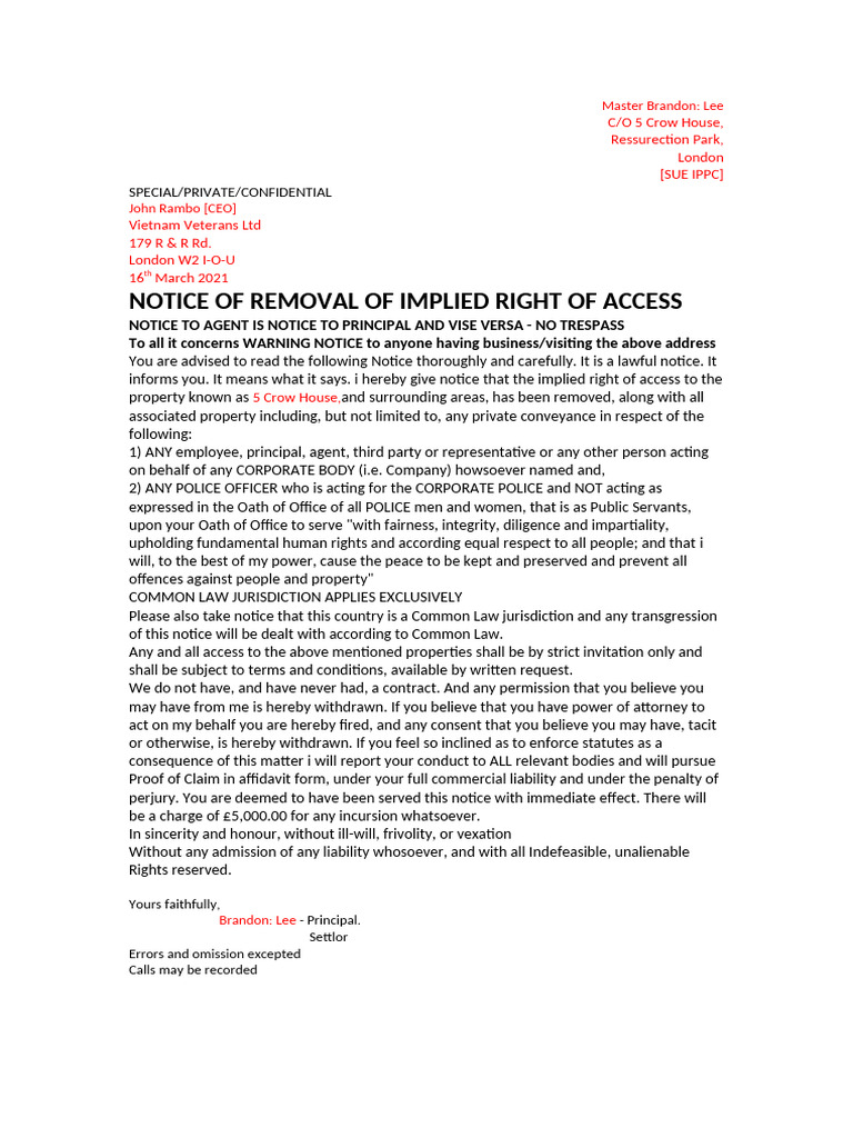 Notice of Access Removal at 5 Crow House | PDF | Private Law | Common Law