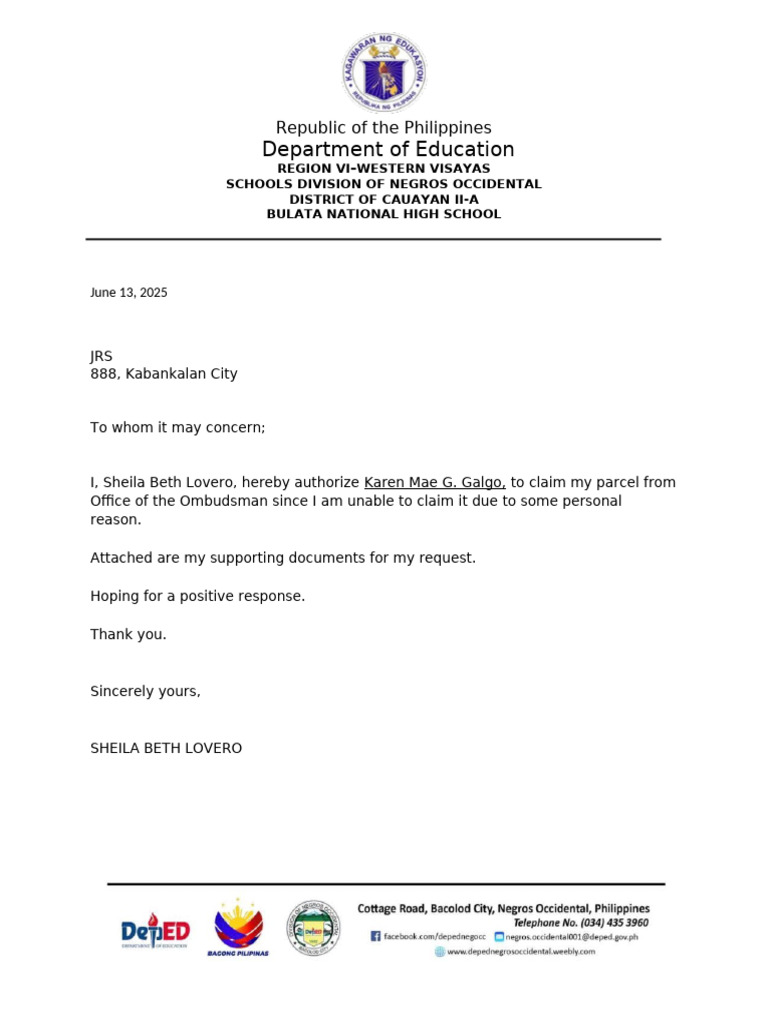 Authorization Letter for Parcel Claim | PDF
