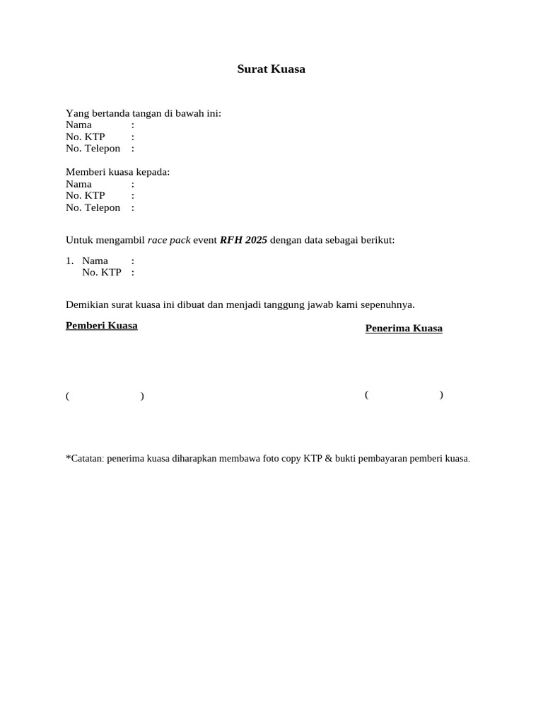 Surat Kuasa Ambil Race Pack RFH 2025 | PDF