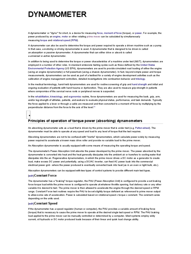 Dynamometer: Principles of Operation of Torque Power (Absorbing ...