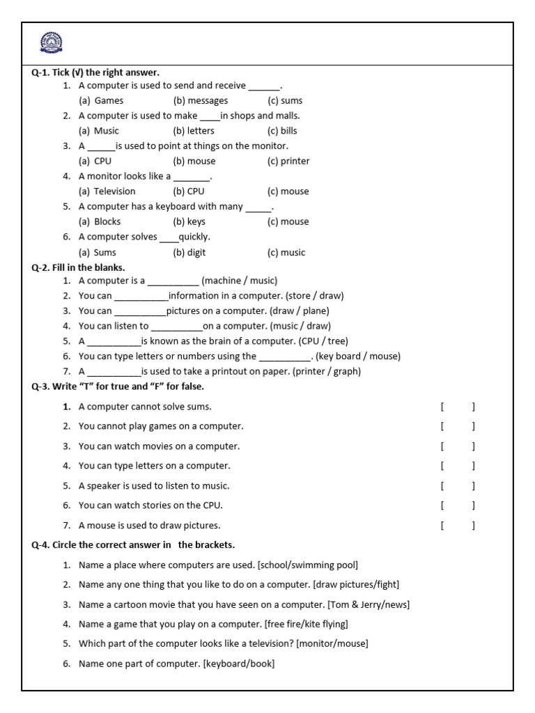 Computer Basics Worksheet for Grade 1 | PDF | Office Equipment | Computing