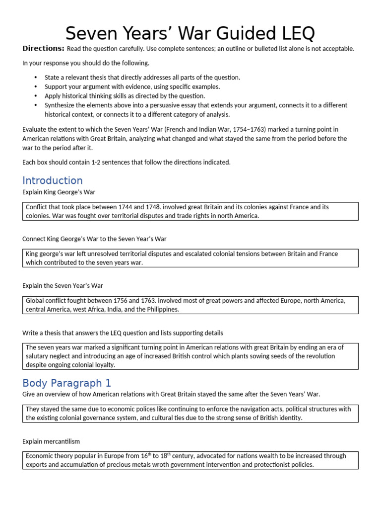 Seven Years War Guided LEQ Outline, Lina | PDF | Thirteen Colonies ...