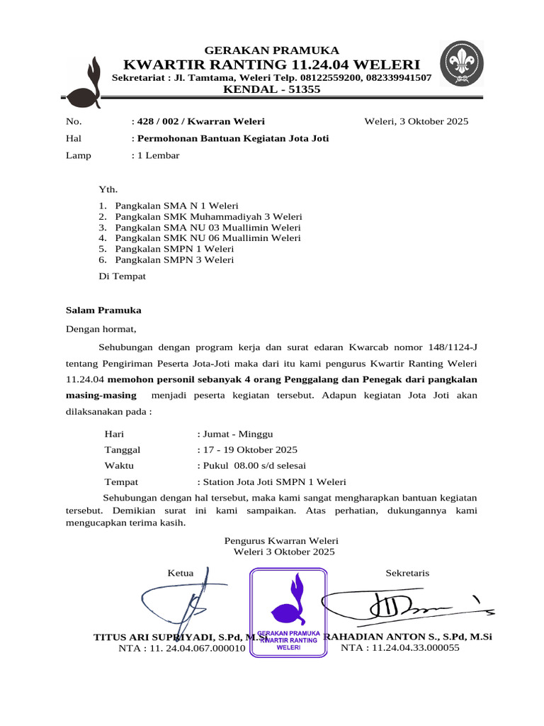 Permohonan Bantuan Jota Joti Weleri 2025 | PDF