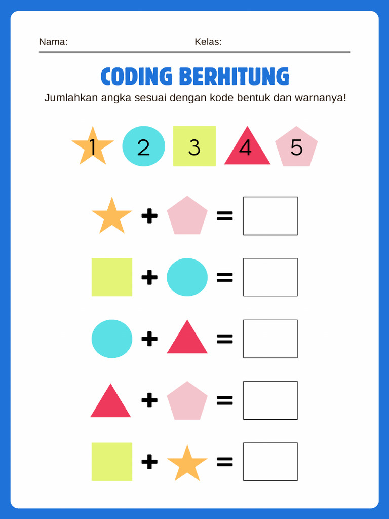 Biru Gaya Ilustratif Lembar Kerja Coding Berhitung | PDF