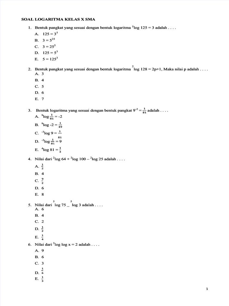 Soal Logaritma Kelas 10 SMA PDF | PDF