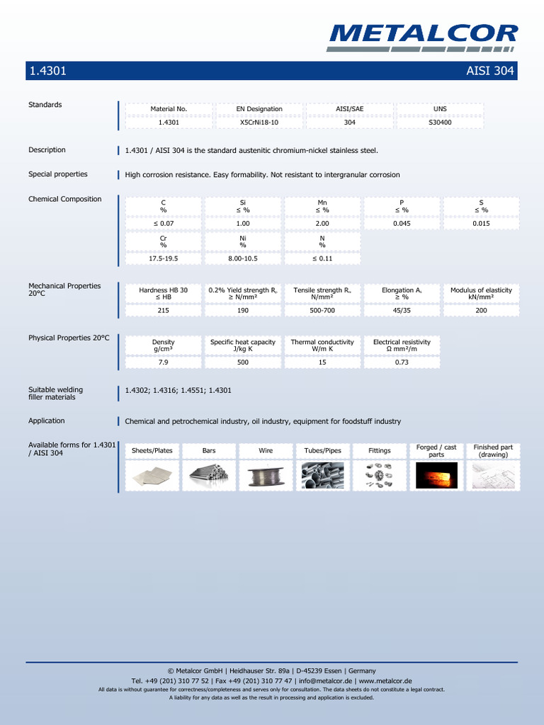 Metalcor 1.4301 Aisi 304 | PDF | Materials | Materials Science