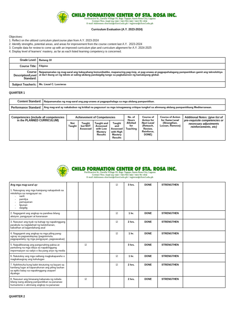 Filipino 10 Curriculum Evaluation | PDF