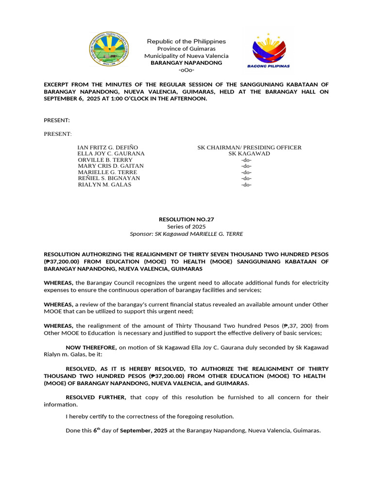 SK Resolution on Fund Realignment in Guimaras | PDF