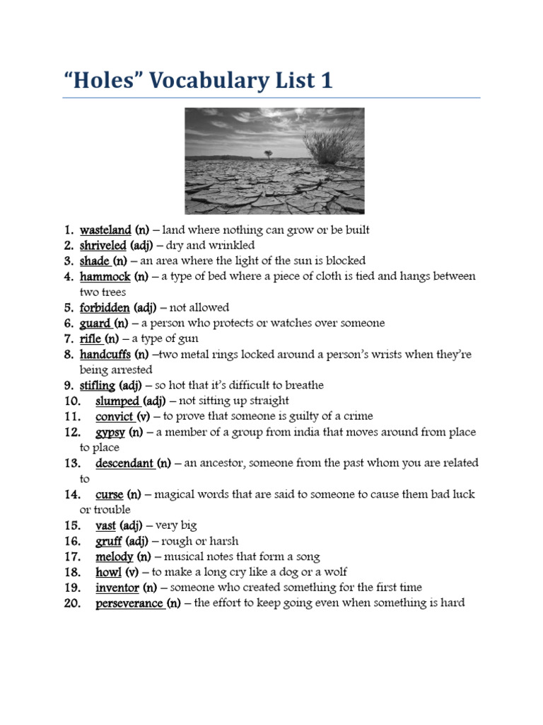 Holes Vocabulary List 1 | PDF
