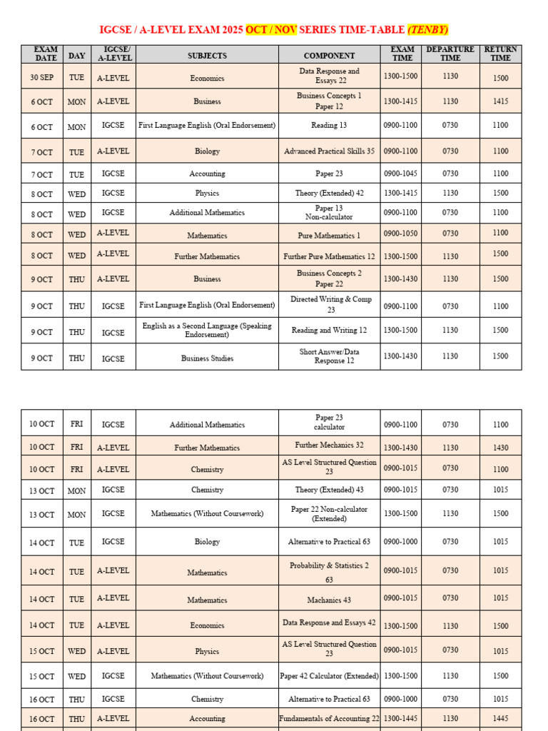 Tenby A-Level Exam Timetable 2025 | PDF | Mathematics