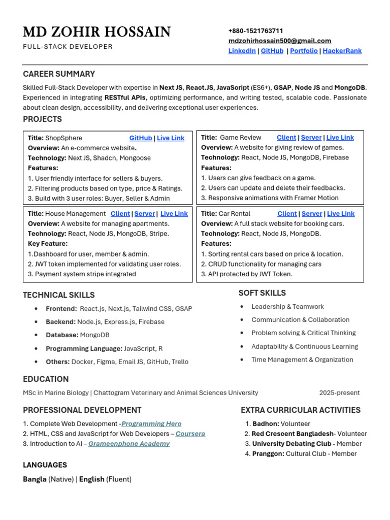 1755188951059-Full-Stack Web Developer MD Zohir Hossain Resume | PDF | Web Development | Java Script