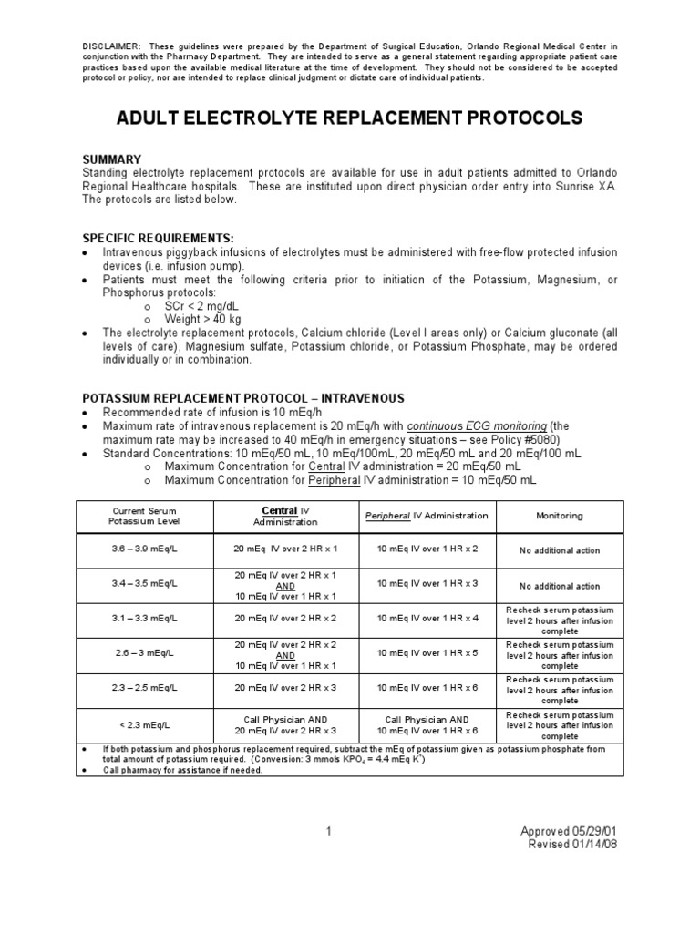 Electrolyte Replacement | PDF | Magnesium | Intravenous Therapy