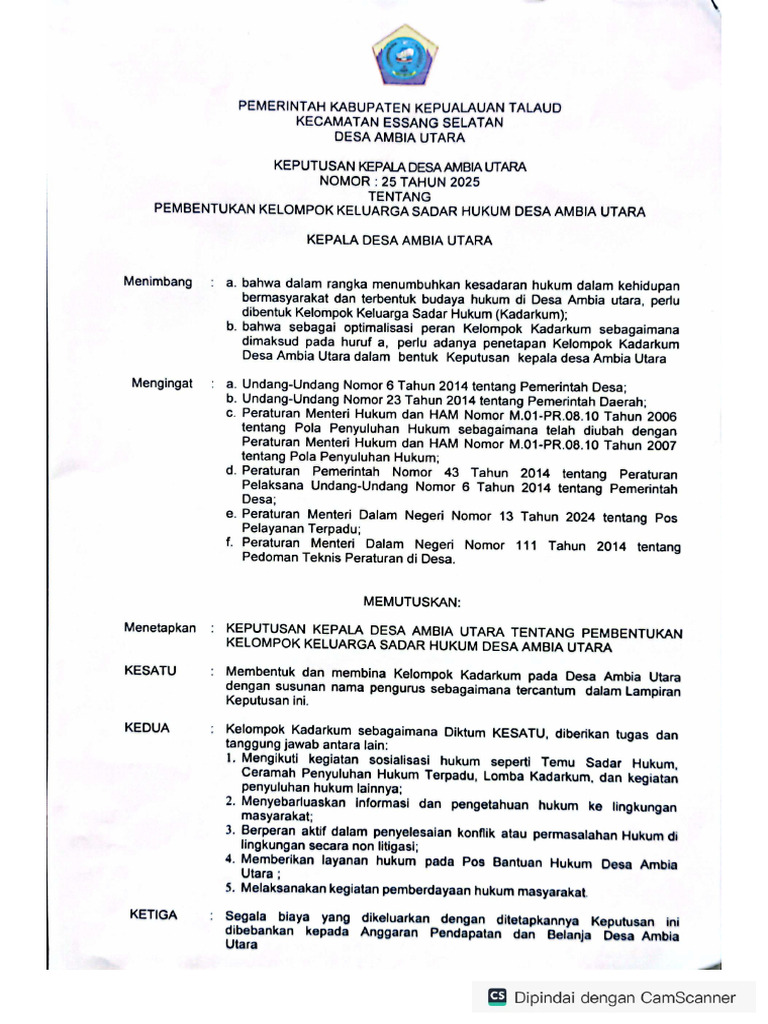 SK Pembentukan Kelompok Keluarga Sadar Hukum Desa Ambia Utara | PDF