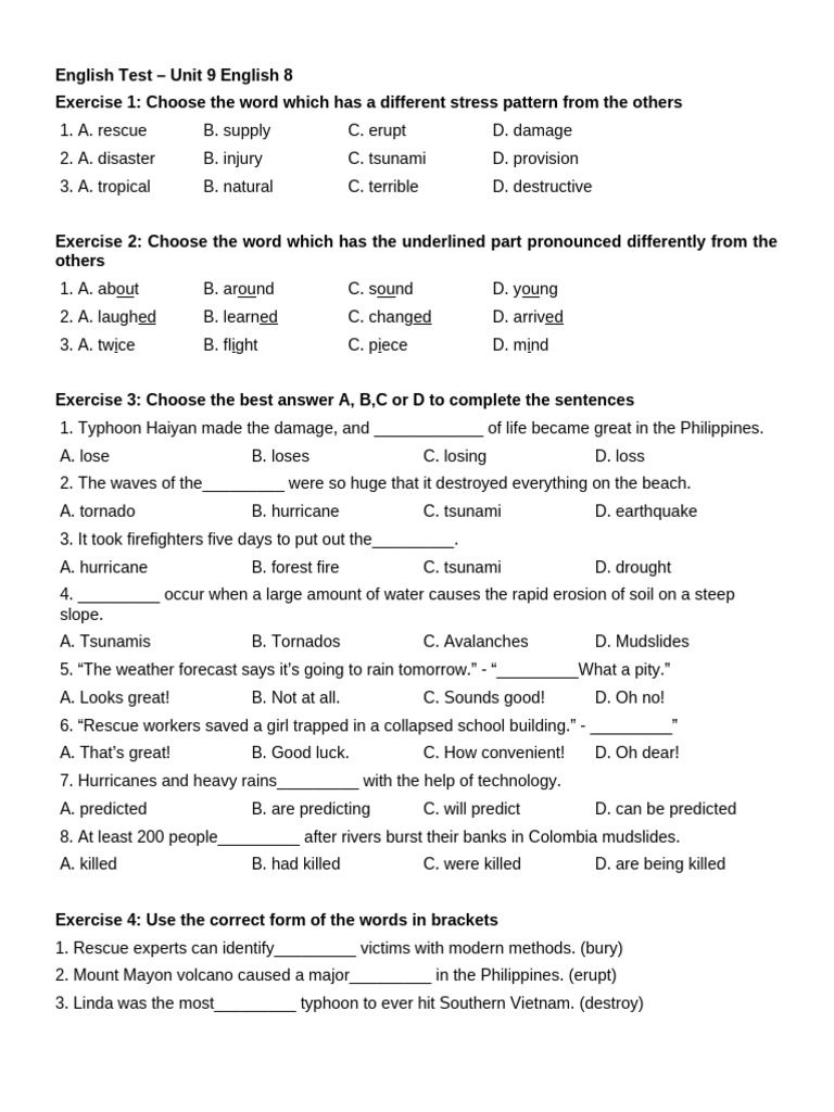 Unit 9: Natural Disasters Test | PDF | Tropical Cyclones | Volcano