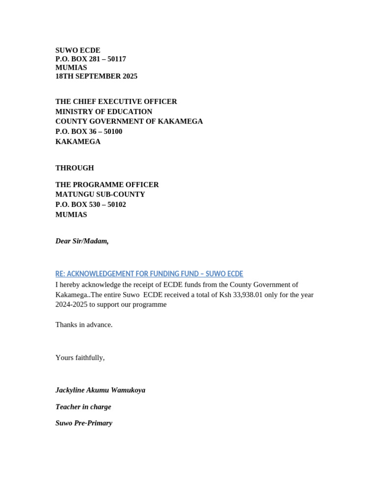 ECDE Acknowledgement Letter | PDF
