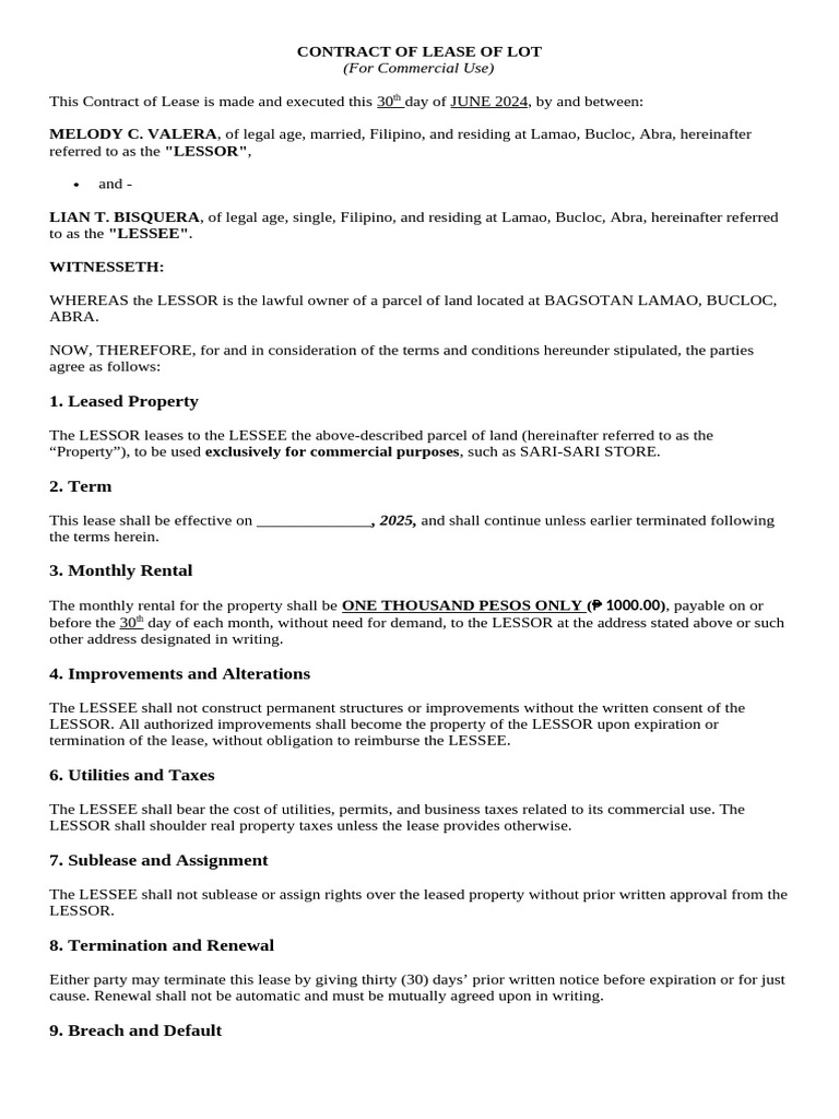 Contract of Lease of Lot | PDF | Lease | Real Property Law