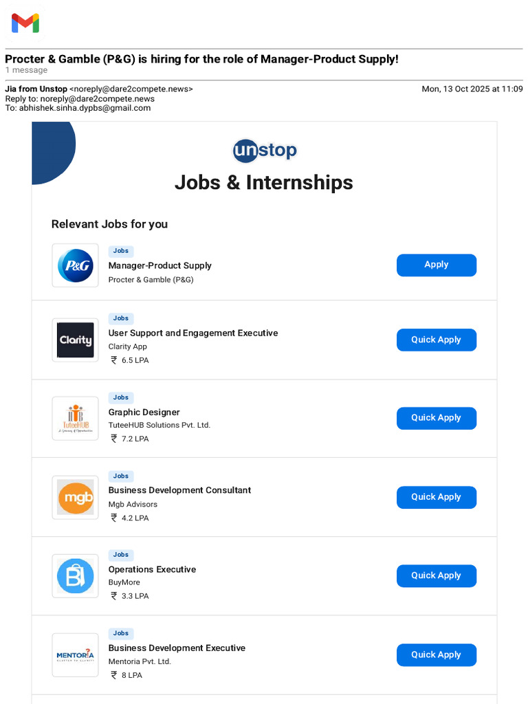 Gmail - Procter & Gamble (P&G) Is Hiring For The Role of Manager-Product Supply! | PDF