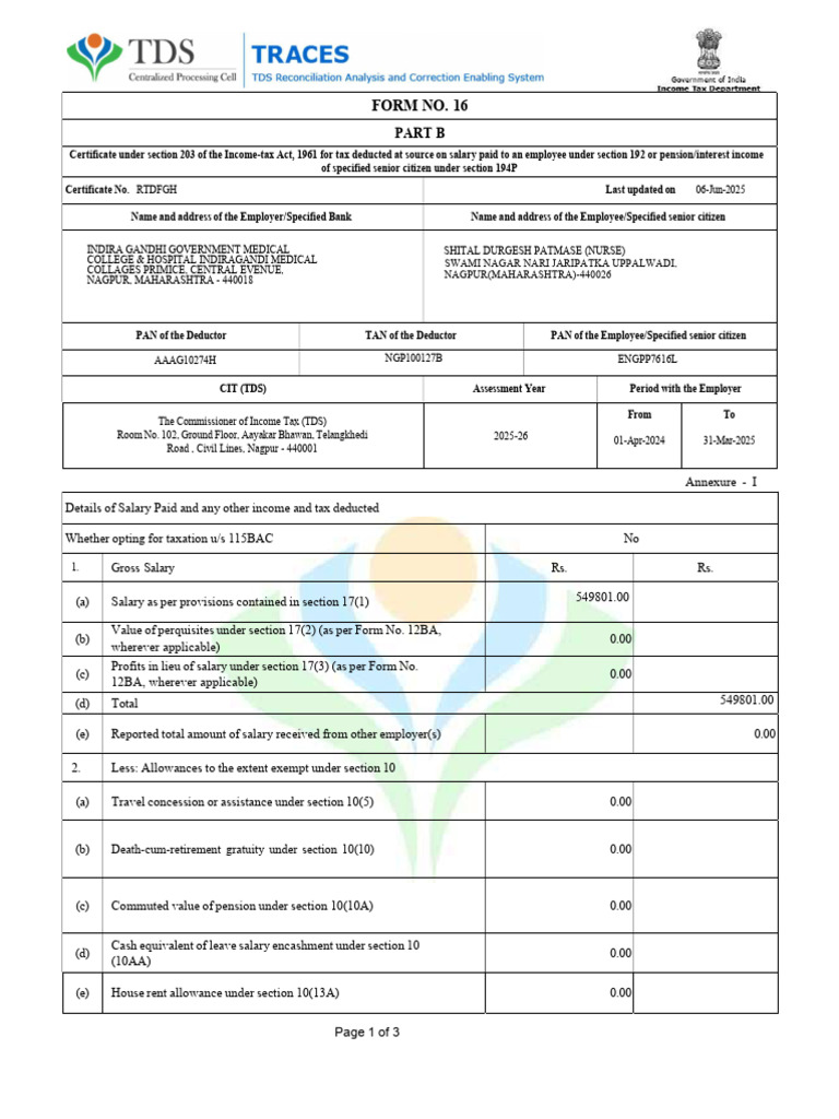 Form 16 TDS Certificate for 2025-26 | PDF | Tax Deduction | Taxes