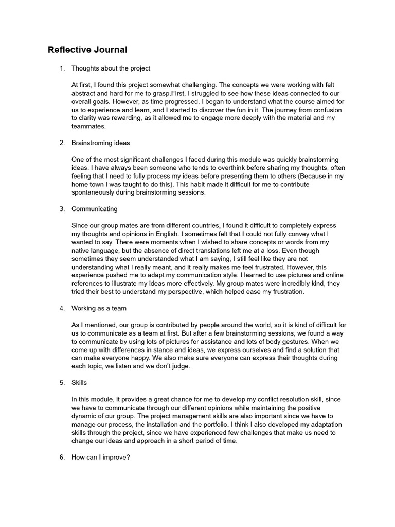 Reflective Journal on Team Collaboration | PDF | Brainstorming | Thought