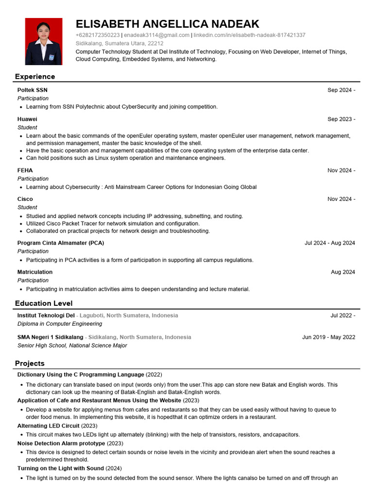 CV - Elisabeth Angellica Nadeak | PDF | Computer Network | Computer Science