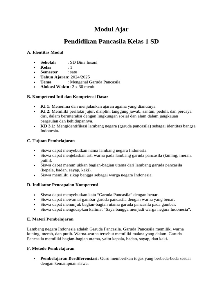 Kelas I - Modul Ajar PP Garuda Pancasila | PDF