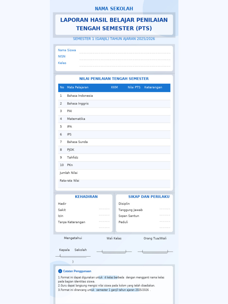 Format Rapor PTS Semester Ganjil 2025-2026 | PDF