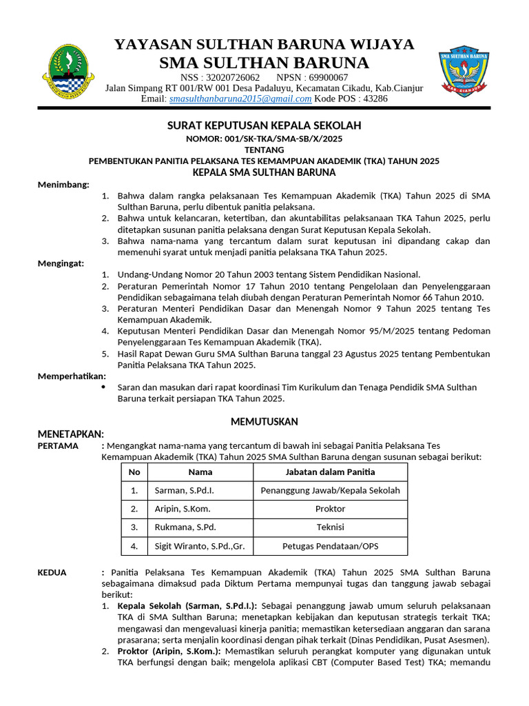 SK Panitia TKA SMA 2025 | PDF