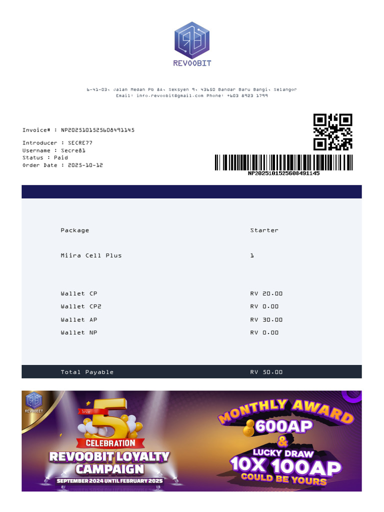 Invoice for Miira Cell Plus Order | PDF
