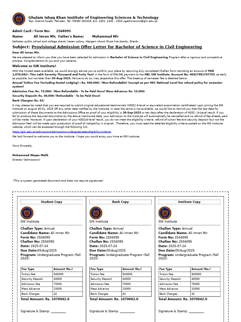 Offer Letter With Challan | PDF