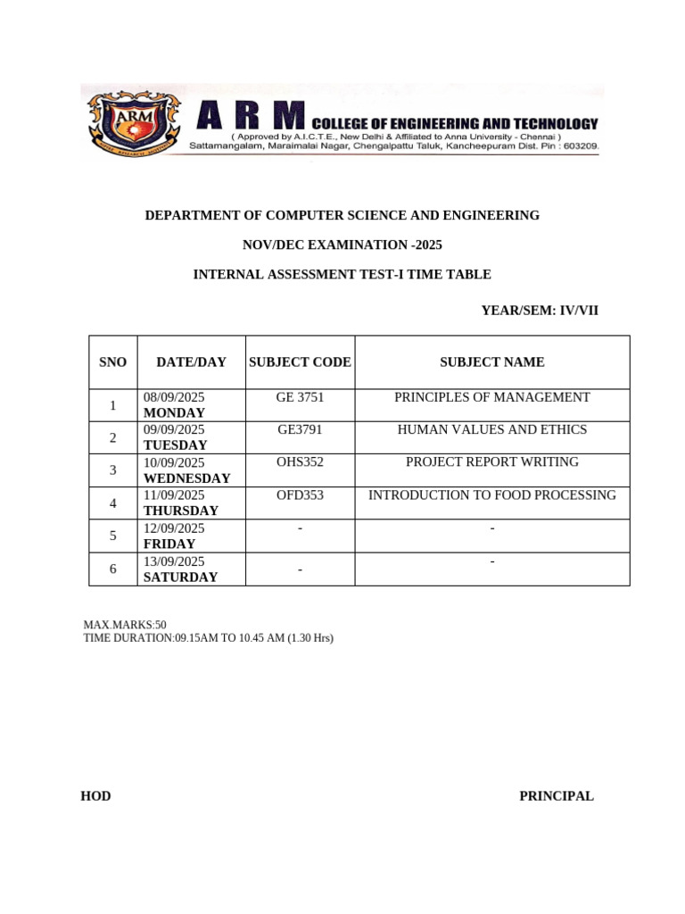 Iat 1 IV Year Time Table | PDF