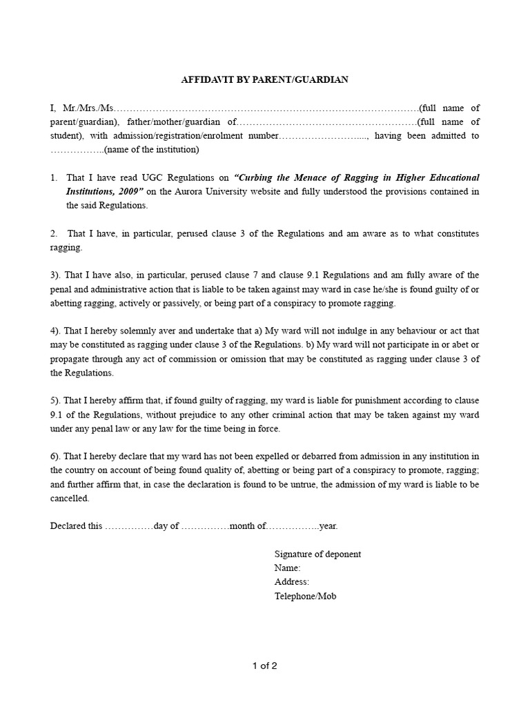Anti Ragging Affidavit by Parents | PDF | Affidavit | Justice