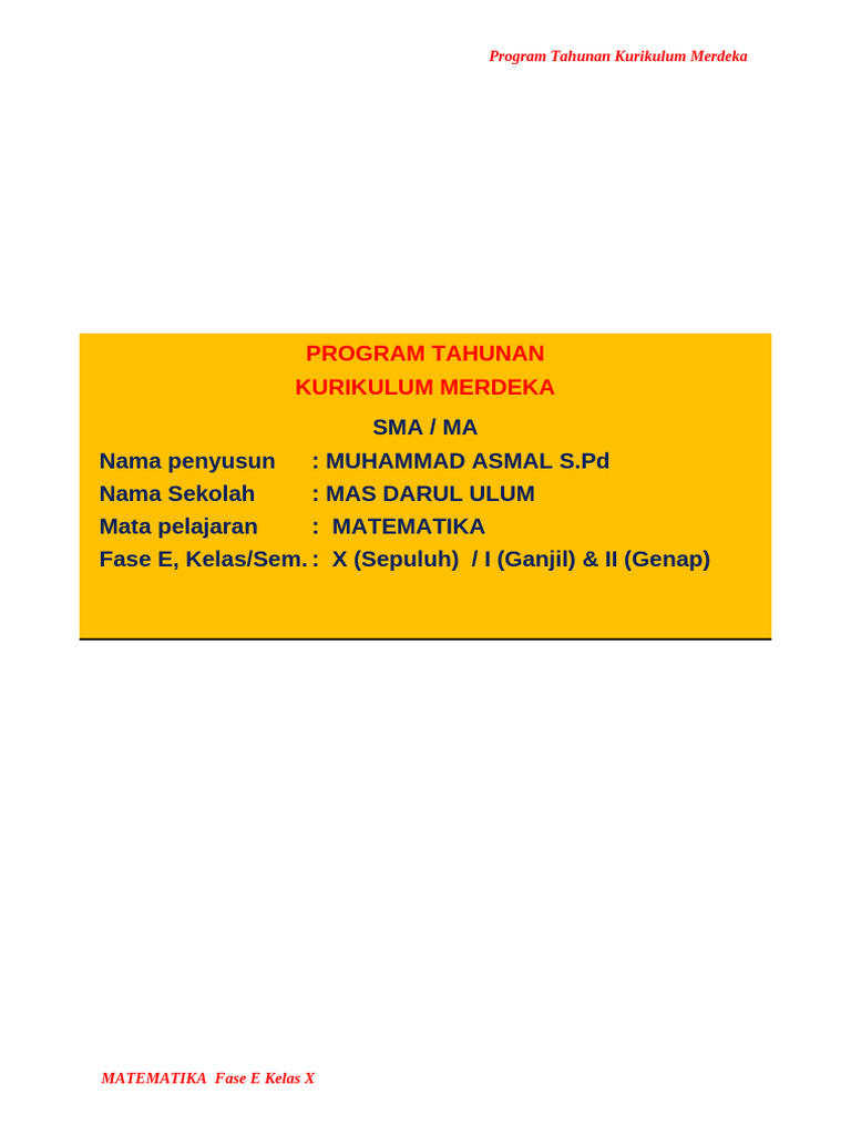 Program Tahunan Matematika Kelas X | PDF