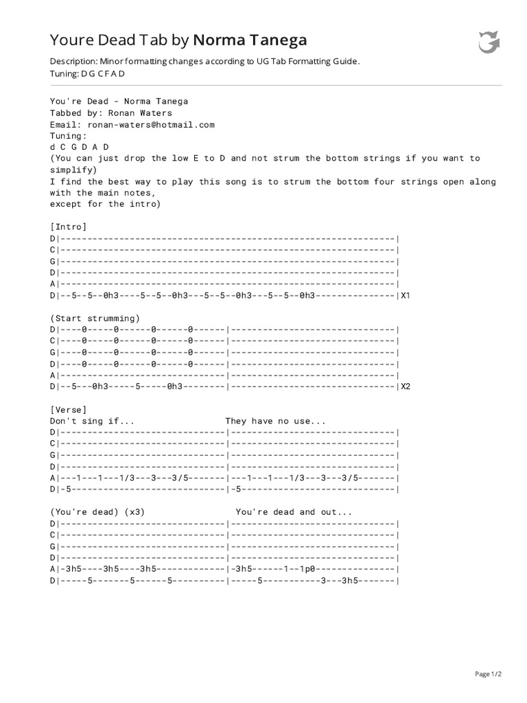 Youre Dead Tab by Norma Tanegatabs at Ultimate Guitar Archive | PDF ...