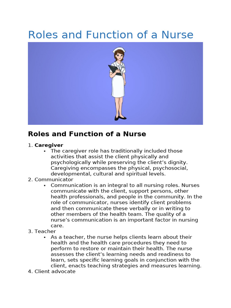Essential Roles of a Nurse Explained | PDF | Nursing | Medical Diagnosis