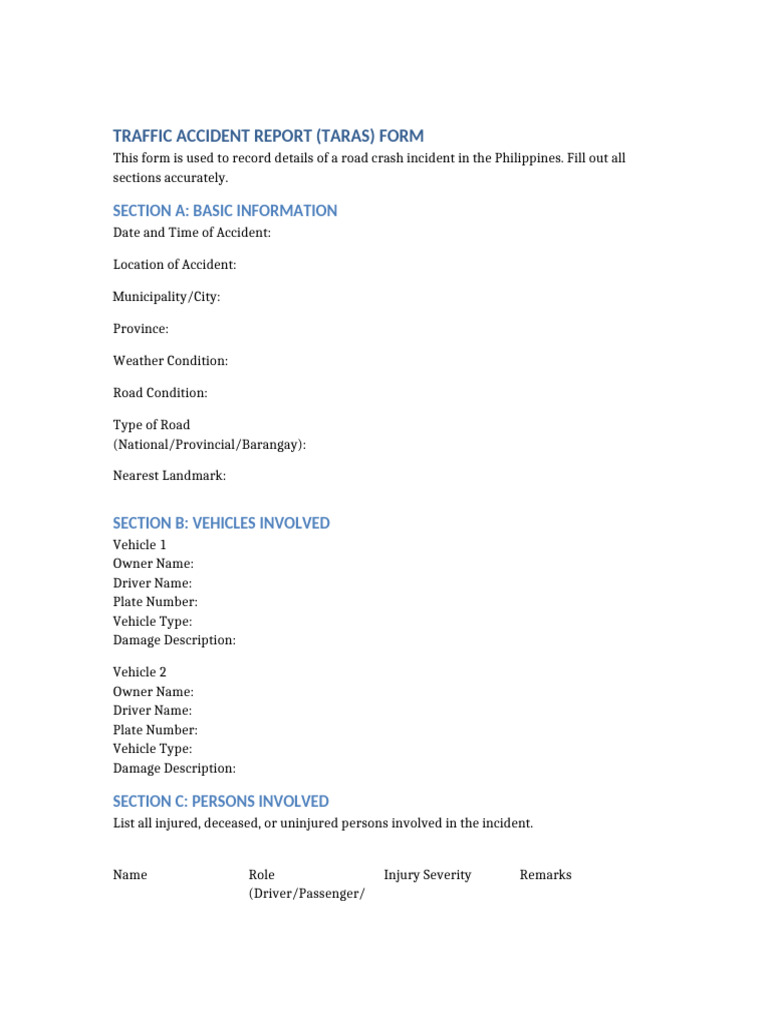 Traffic Accident Report Blank Form | PDF
