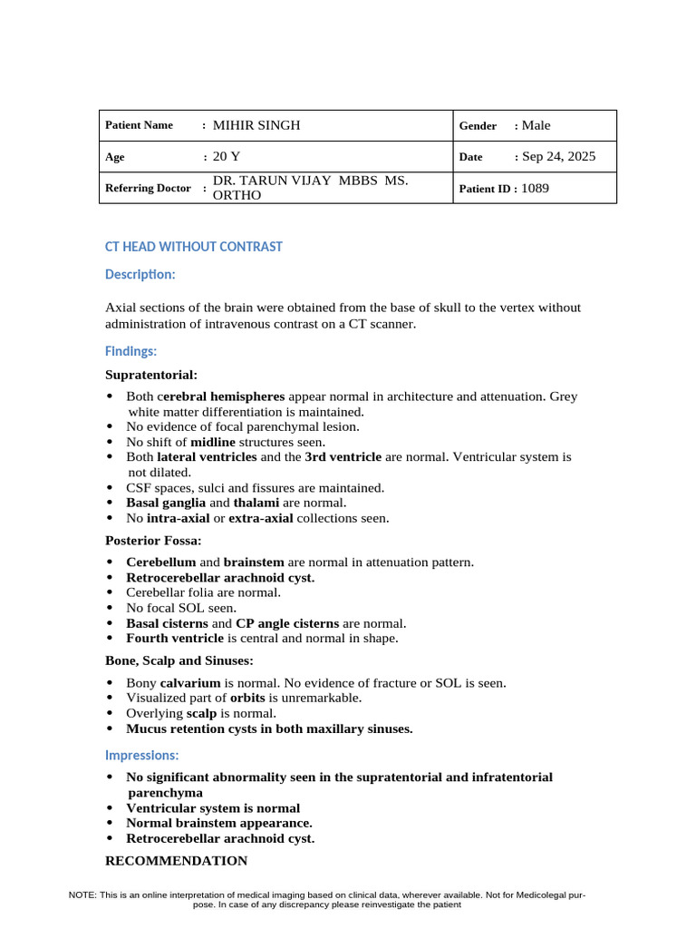 CT Head Report for Mihir Singh | PDF | Cerebellum | Nervous System