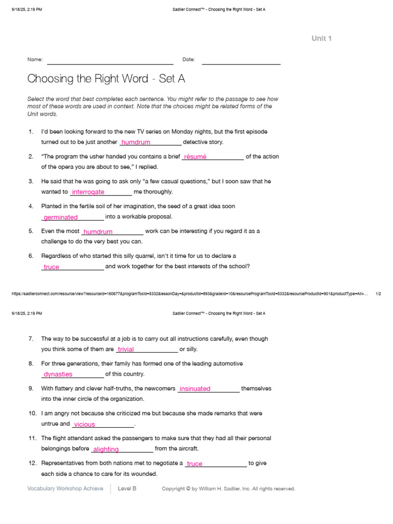Sadlier Connect™ - Choosing The Right Word - Set A ANSWERS | PDF ...