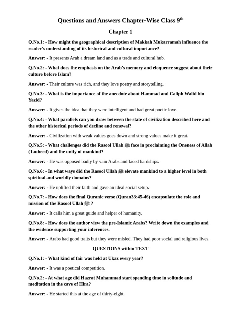 Questions and Answers Chapter Wise 9th English | PDF