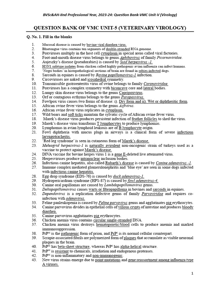 Question Bank VMC Virology Unit V UG Syllabus 2023 24 | PDF | Virus ...