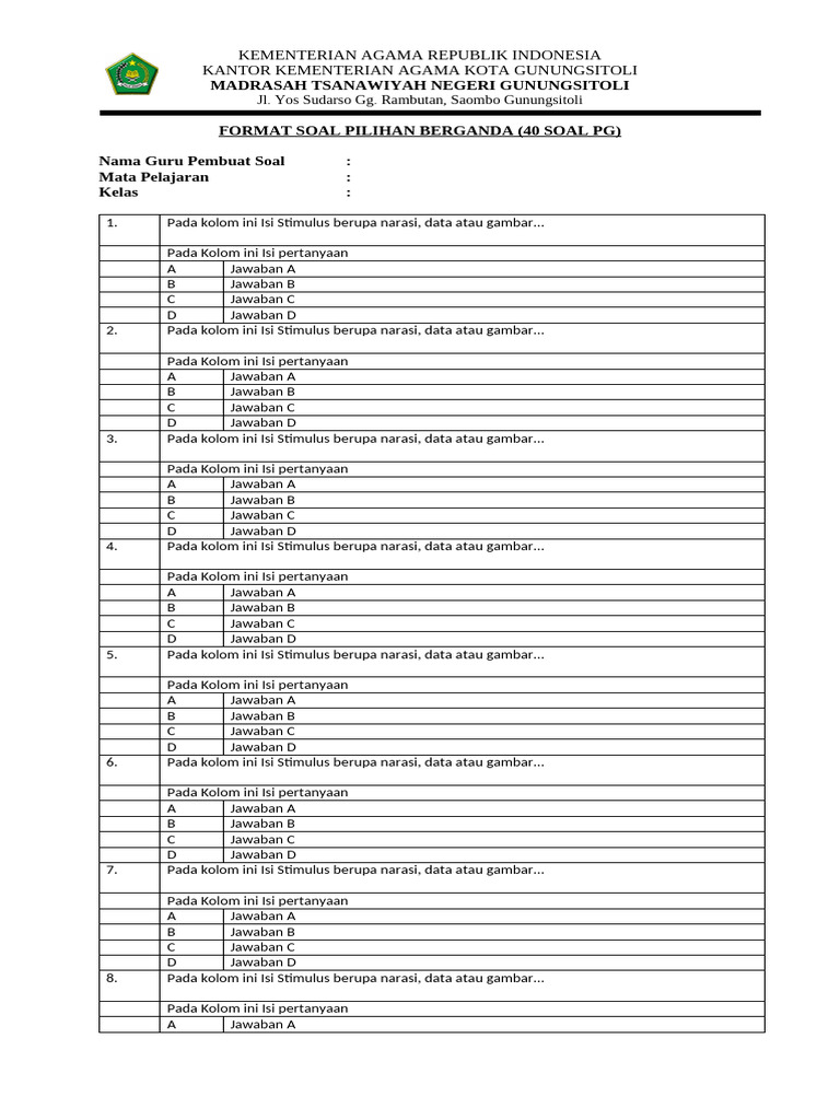 Template-Soal Pilihan Berganda | PDF
