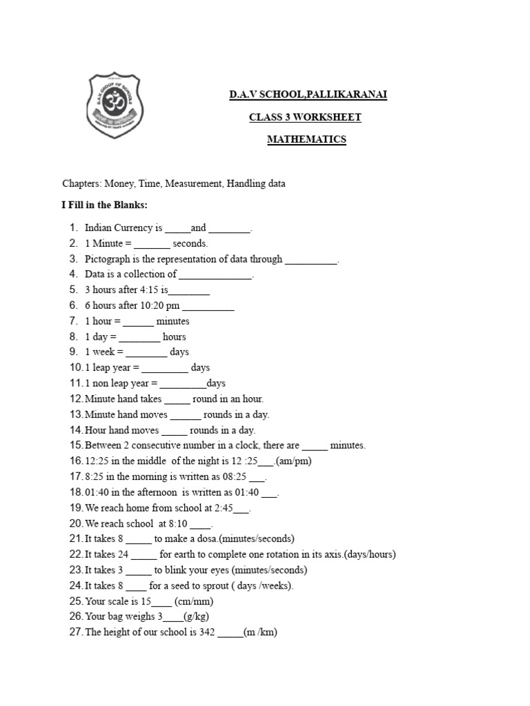 Class 3 Maths Revision Worksheet 1 | PDF | Litre | Foods