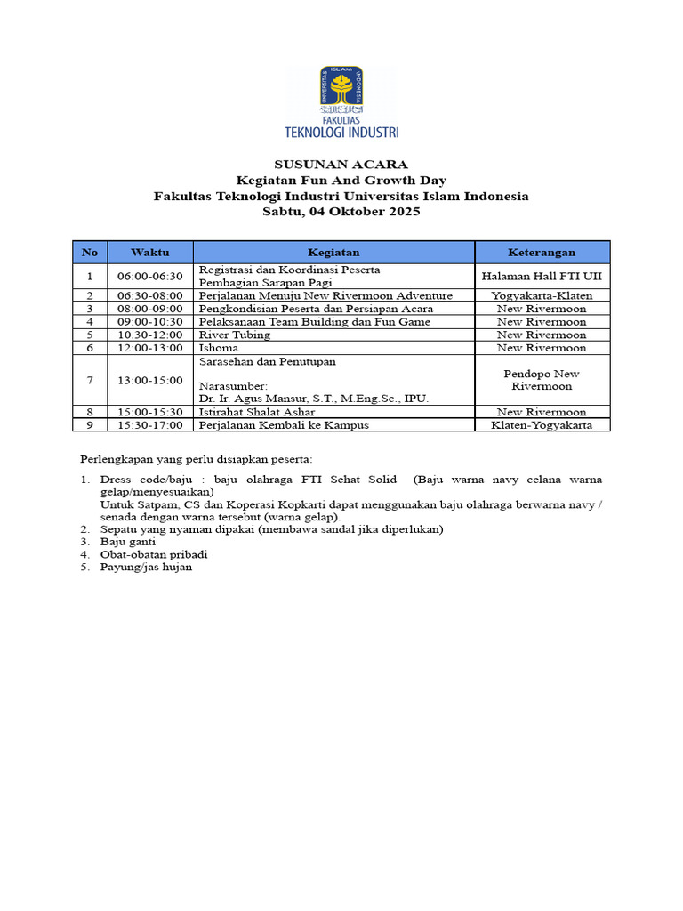 Susunan Acara Fun And Growth Day FTI UII | PDF