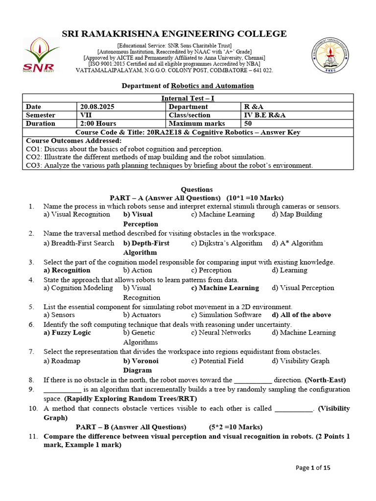 Cognitive Robotics Test Answer Key | PDF | Perception | Robot