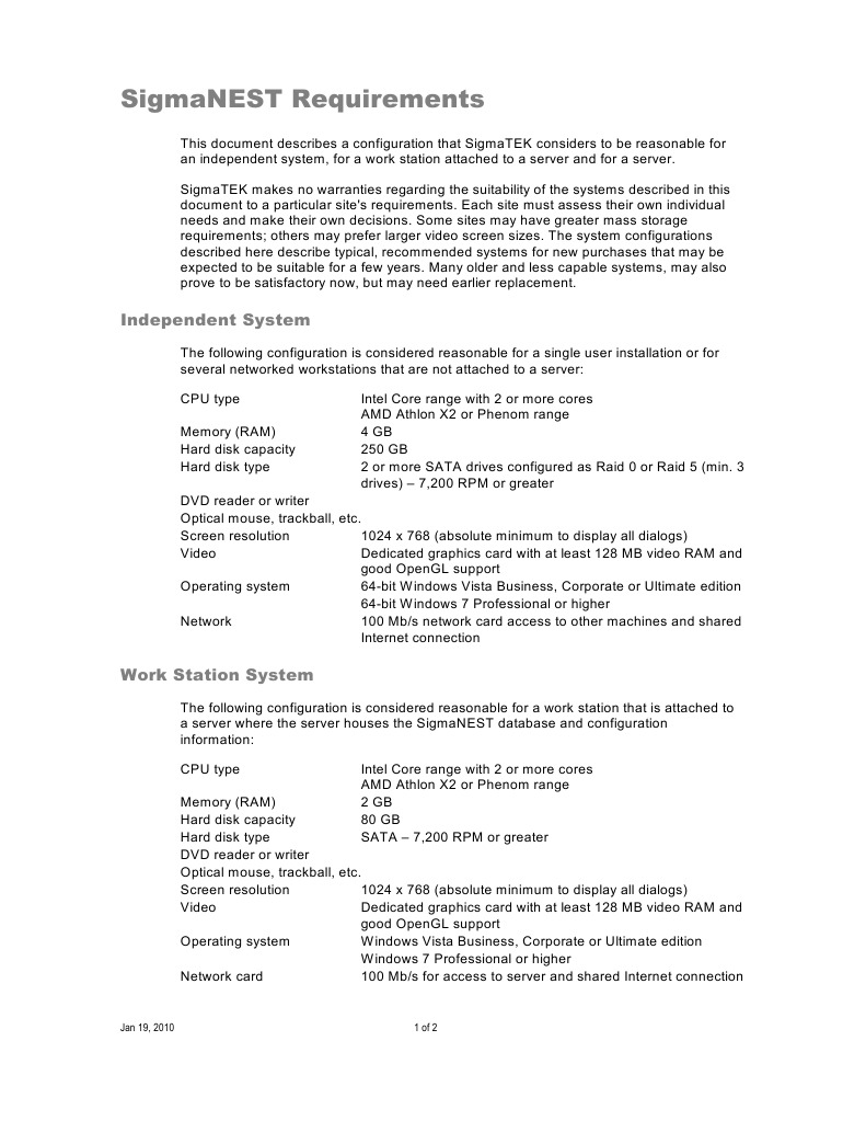 SigmaNEST Requirements | PDF | Laptop | Random Access Memory