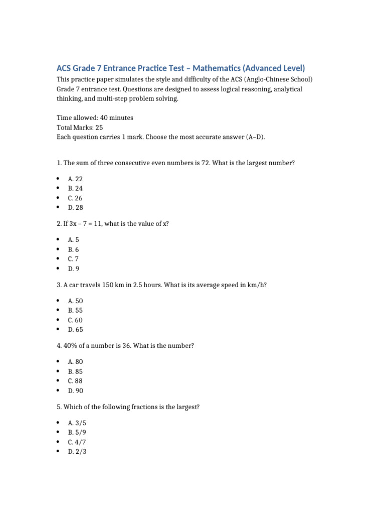 ACS Grade7 Math Advanced MC Practice | PDF | Area | Length