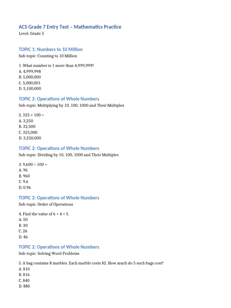 ACS Grade7 Entry Test Short Practice | PDF