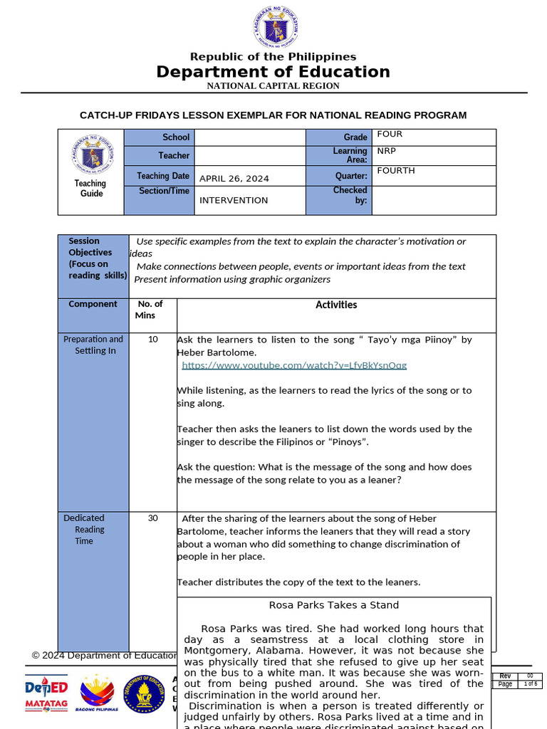 Catch-Up Fridays: Rosa Parks Lesson Plan | PDF | Metro Manila | Teachers