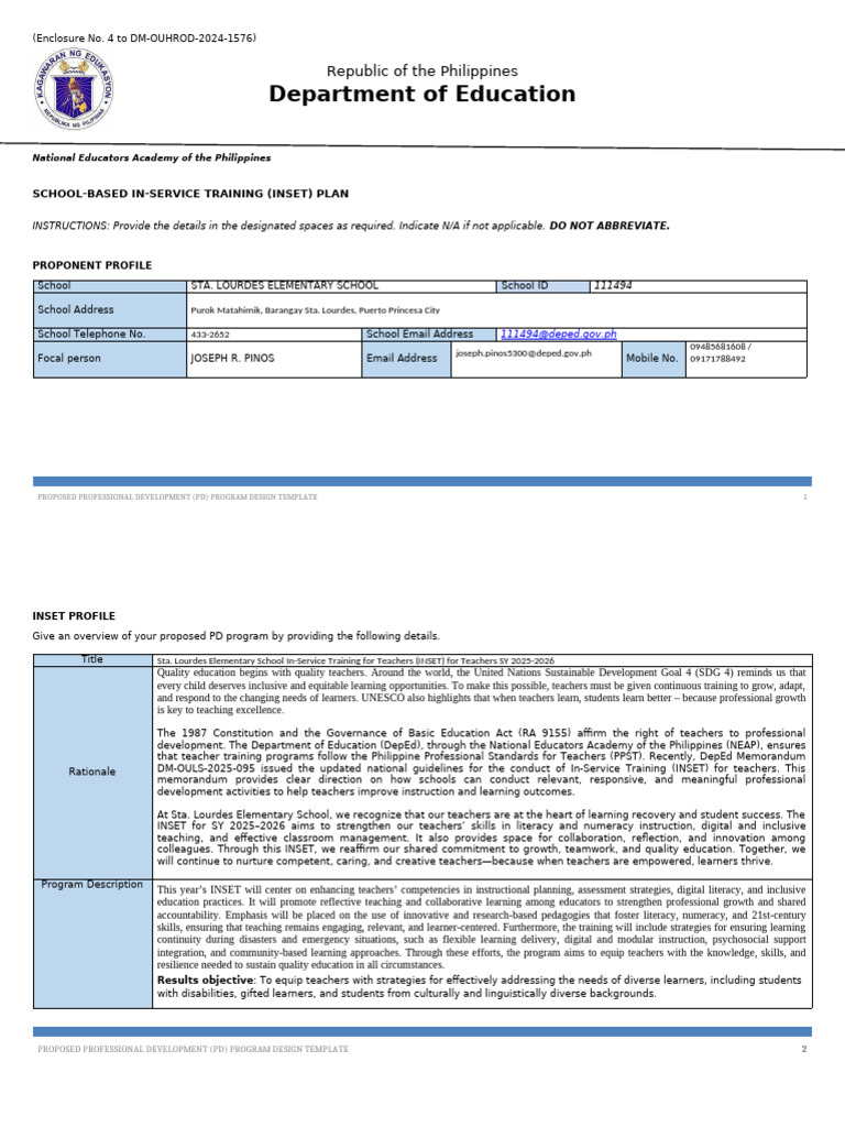 SLES 2025 Enclosure No. 4 School-Based INSET Plan | PDF | Learning | Educational Assessment
