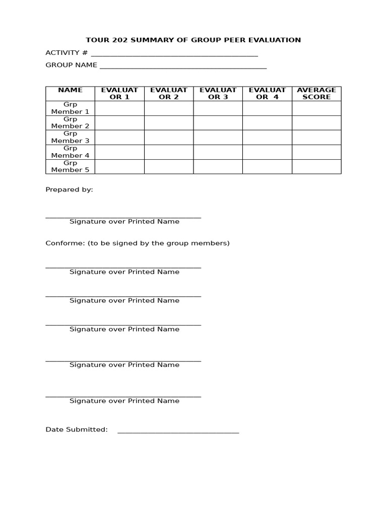 Tour 202 Summary of Group Peer Evaluation | PDF