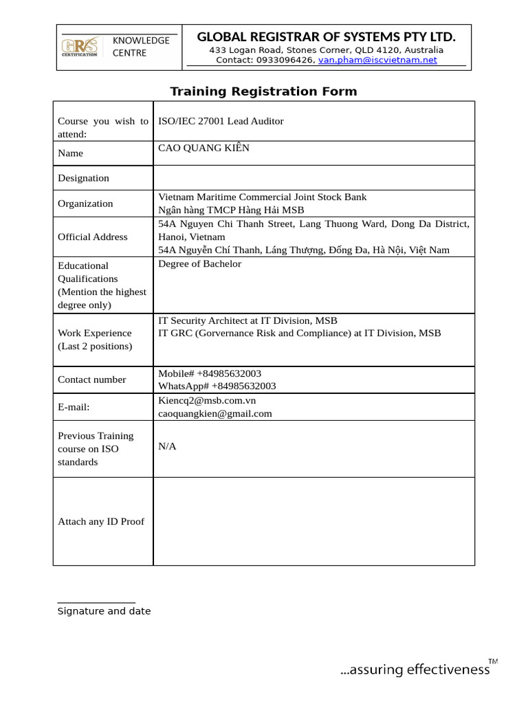 Kien - Training Course Registration Form | PDF